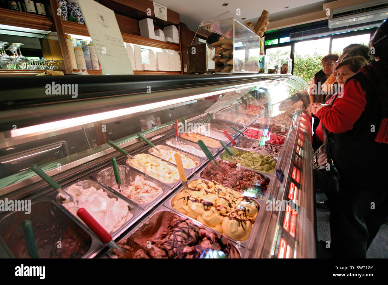 Different types of gelato for sale in a shop, Pizzo, Calabria, Italy ...