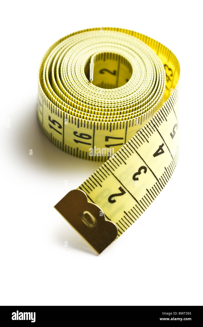 yellow measuring tape on white background Stock Photo - Alamy
