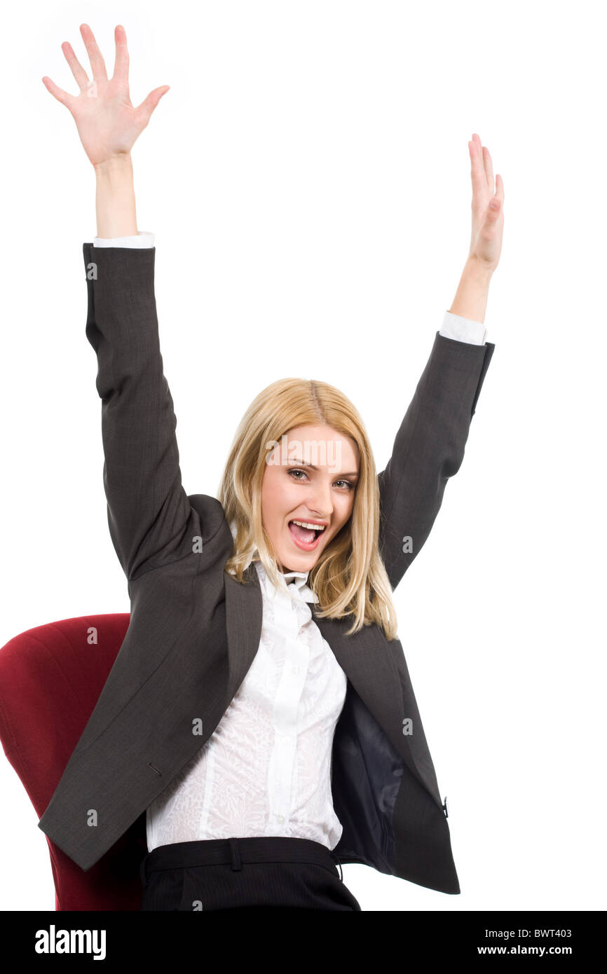 Portrait of pretty blonde laughing with her arms raised Stock Photo - Alamy