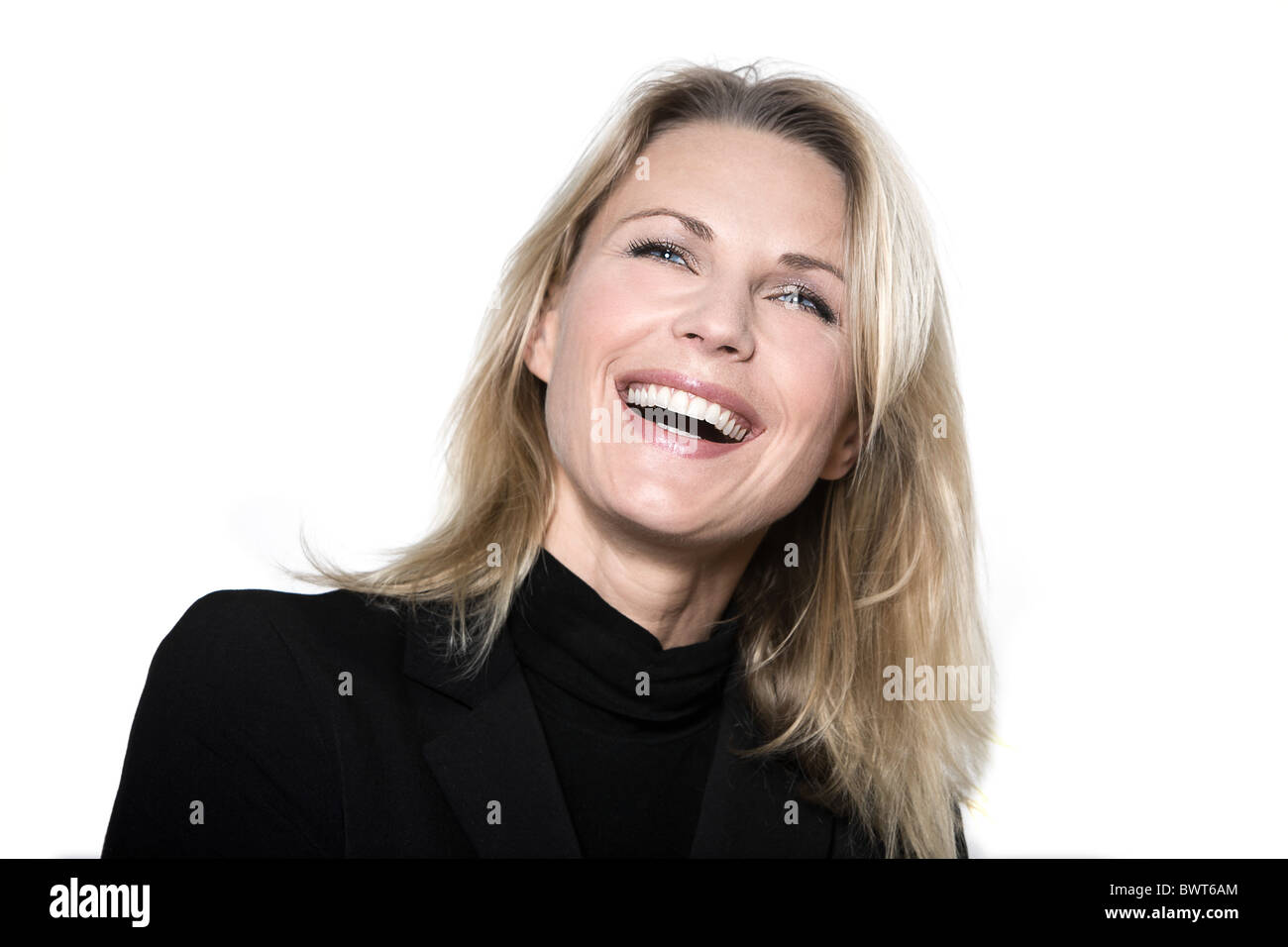 beautiful blond hair woman smiling laugh happy portrait on studio white ...