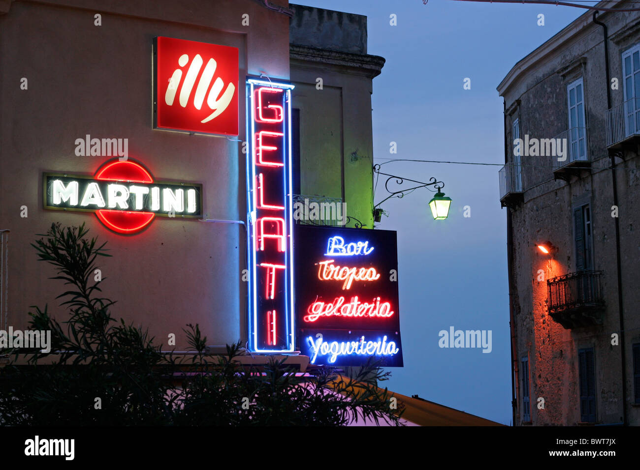 Neon signs outside a gelato shop, Tropea, Calabria, Italy Stock Photo ...