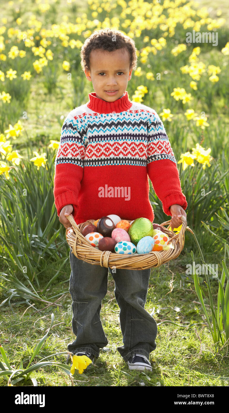 Boy On Easter Egg Hunt In Daffodil Field Stock Photo - Alamy