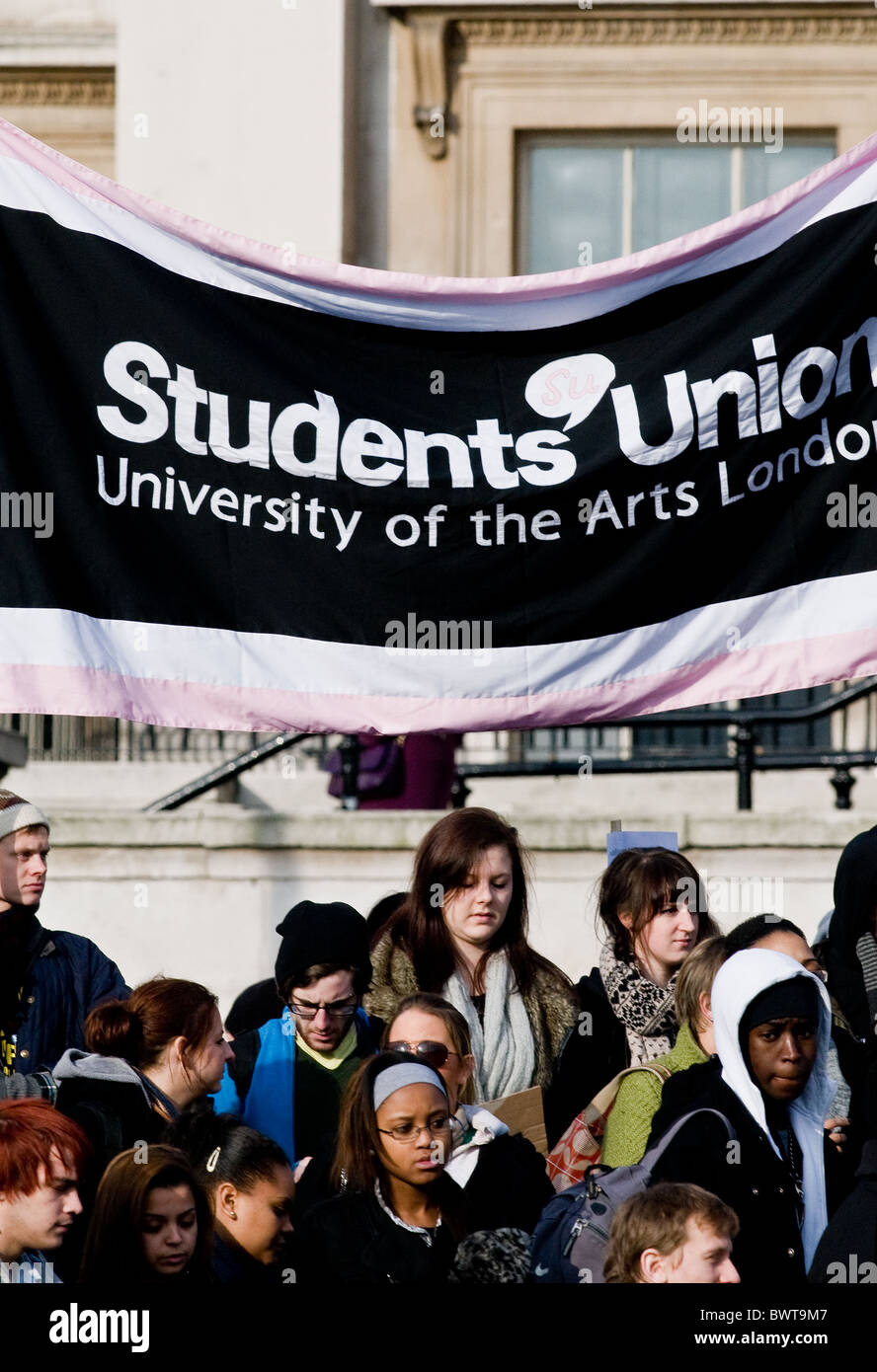 Banner held by students at a demonstration against education cuts ...