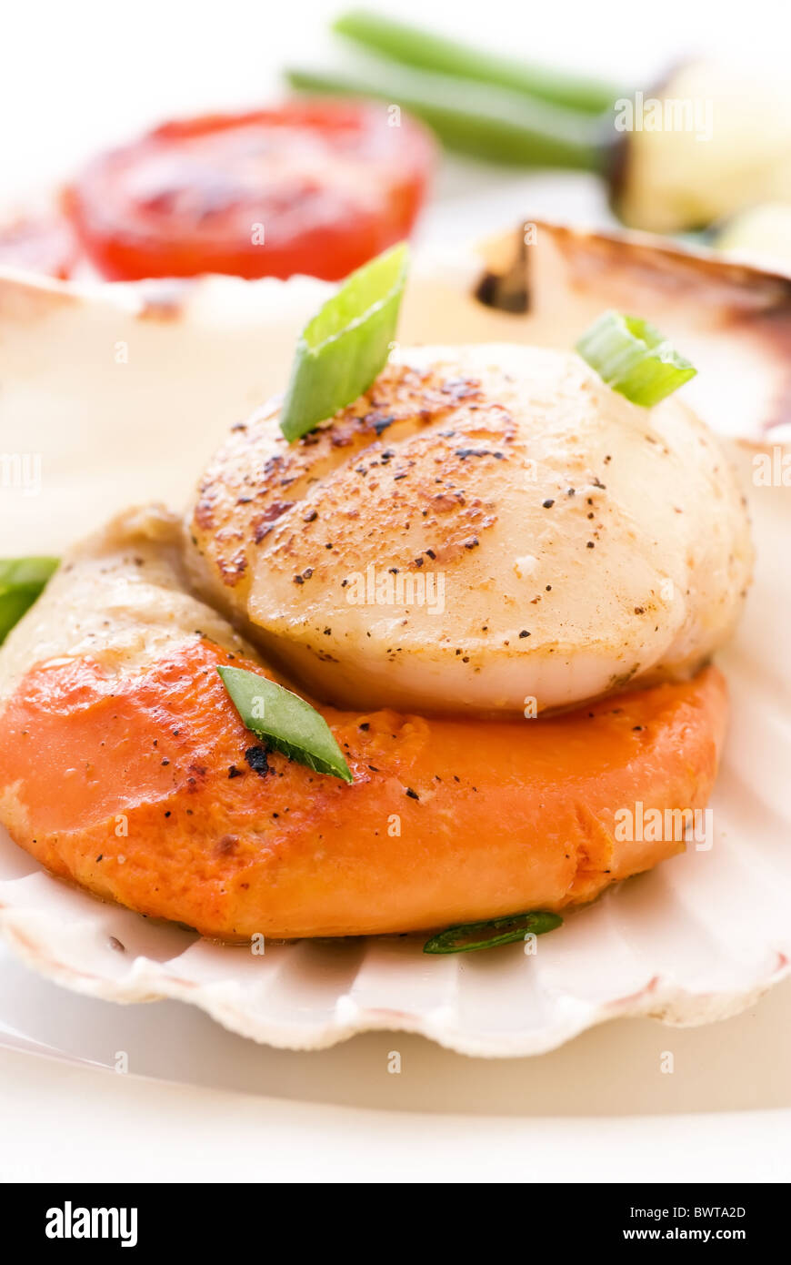 Roasted scallop mussels in a shell with vegetable as closeup on white ...