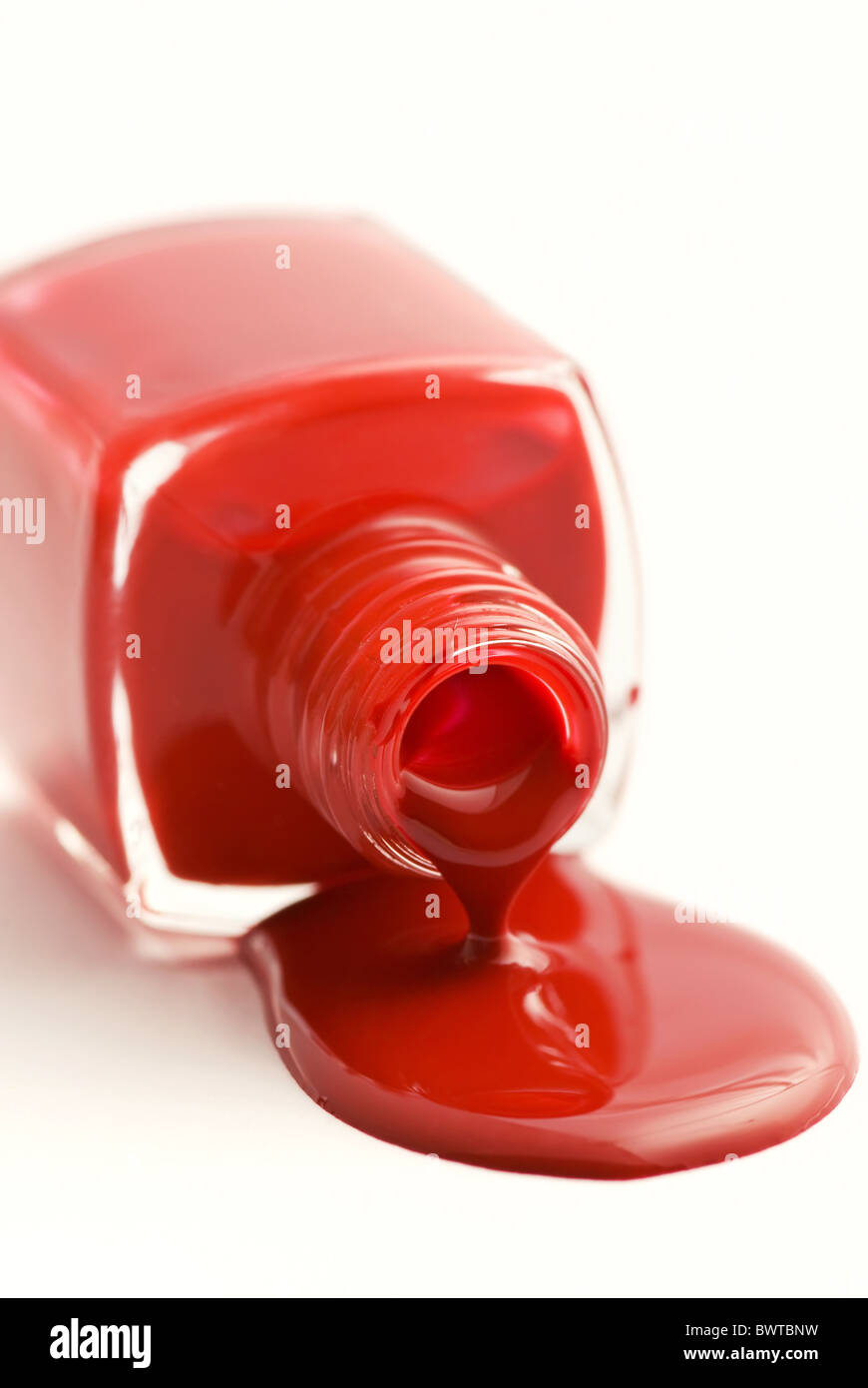 Open Flask with dropping nail polish as closeup on white background ...