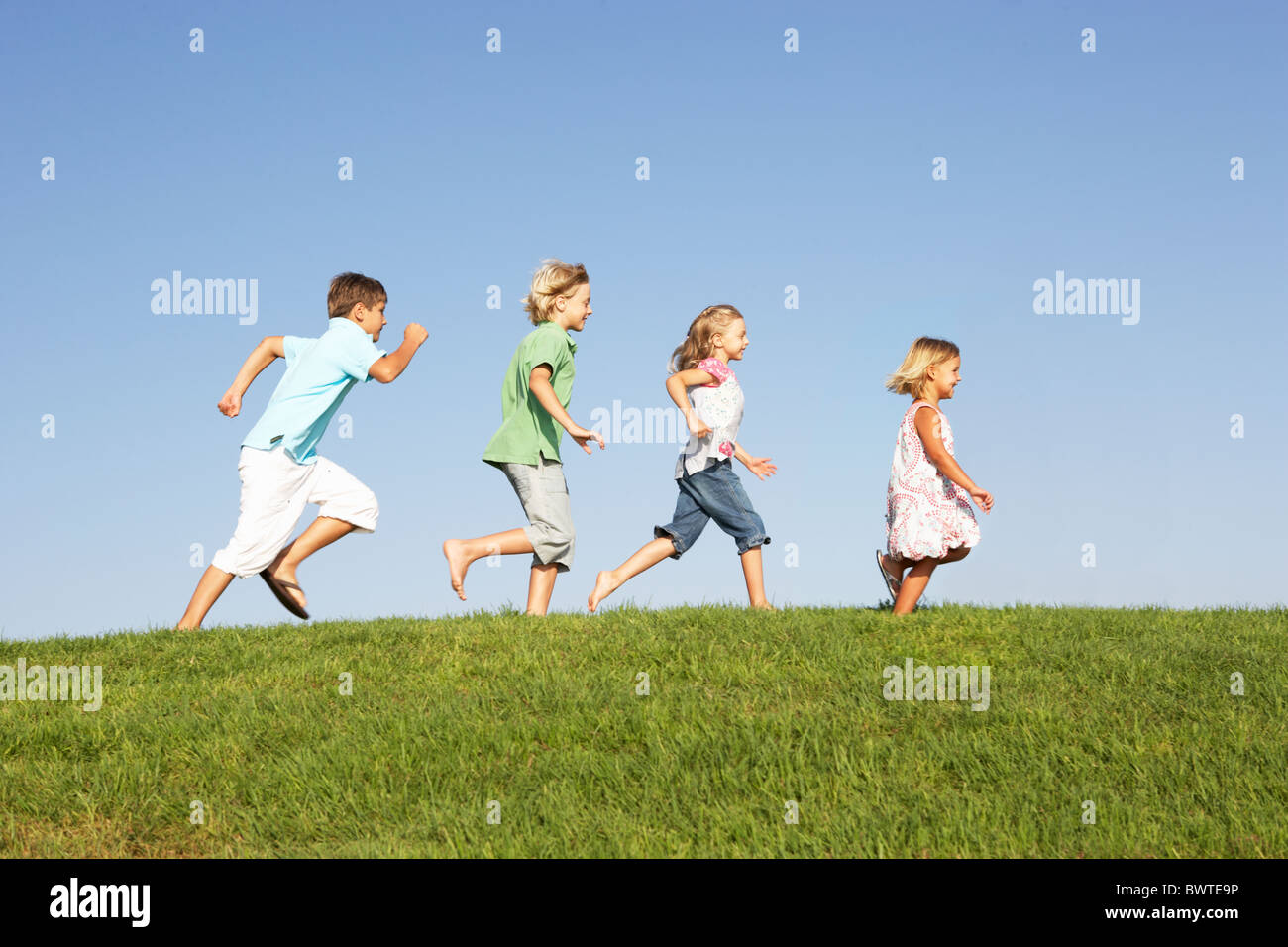 Kits or young running and playing through green grass hi-res stock ...