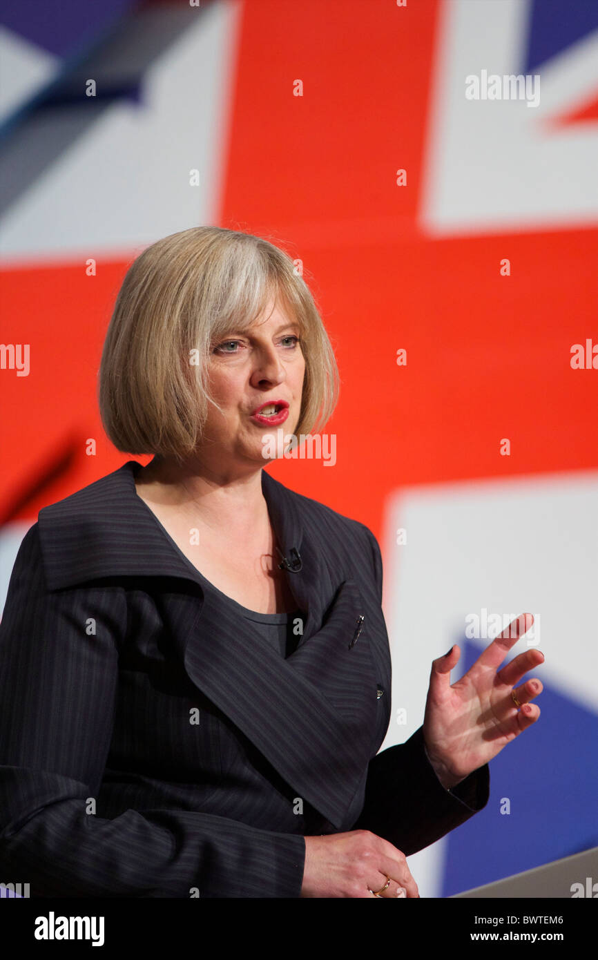 Home Secretary Theresa May addresses delegates on the third, and ...