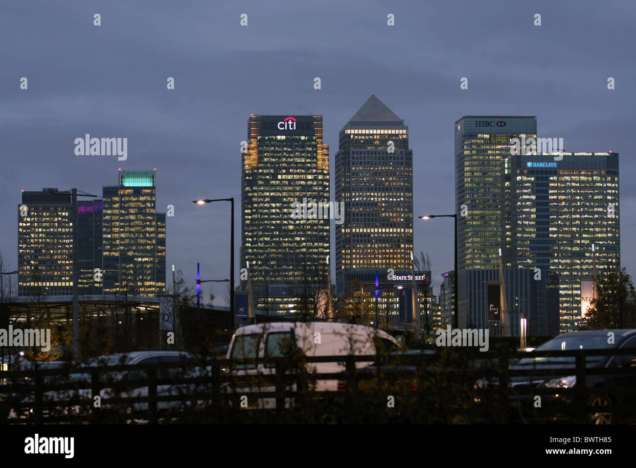 A view of Canary Wharf at dusk as viewed from near the O2 Arena car ...
