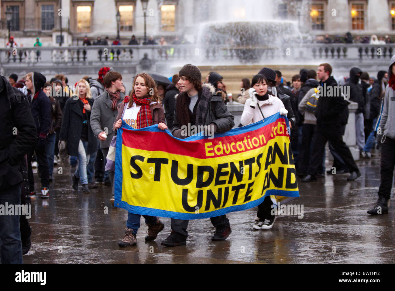 Demonstrators with banner during student protest against tuition fees ...