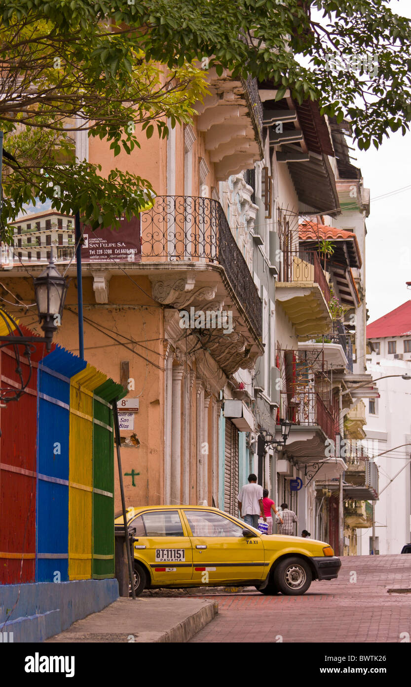 PANAMA CITY, PANAMA - Street and buildings with balconies, in Casco ...
