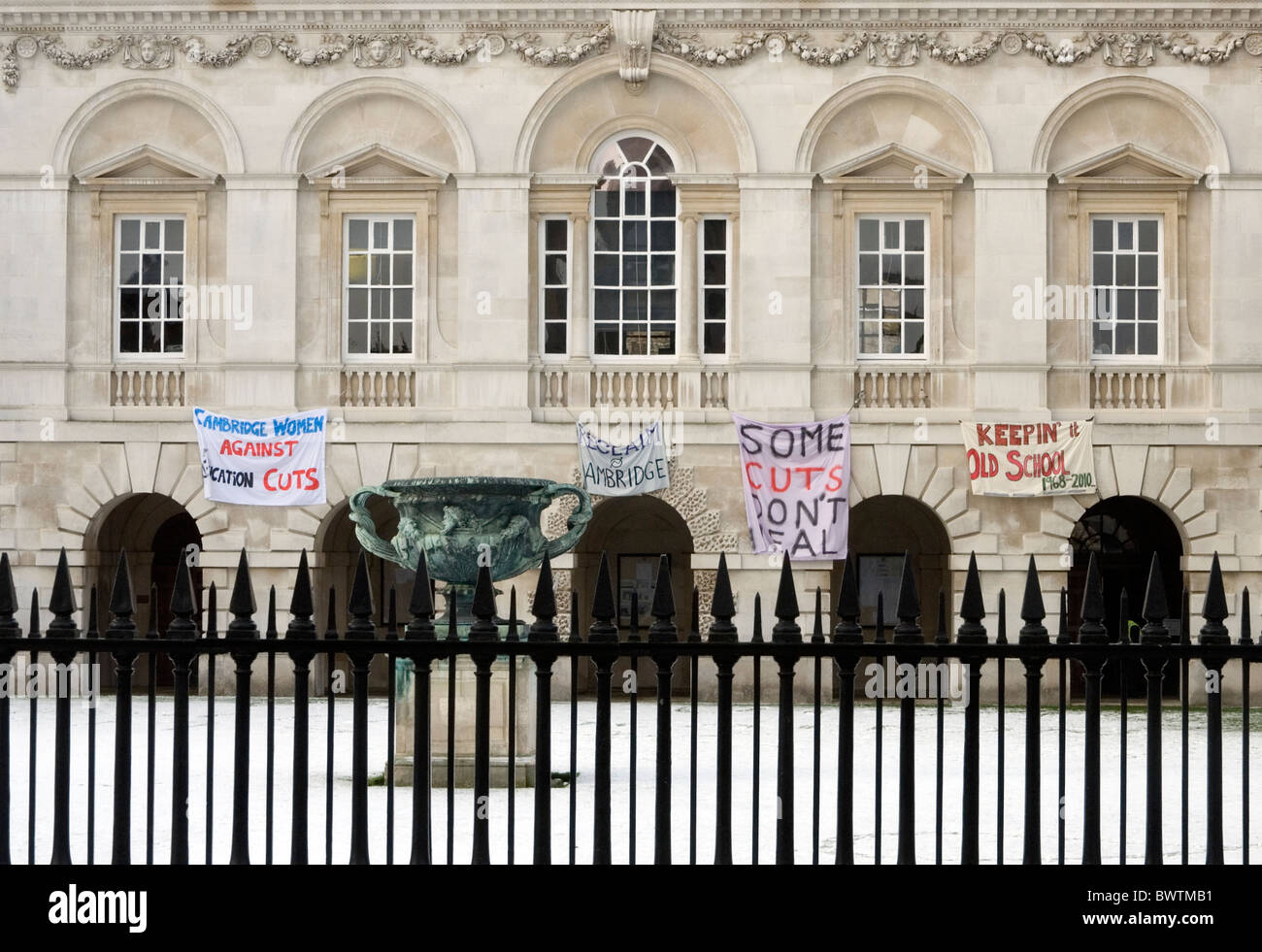 Student protest banners hanging from the Old Schools Building in ...