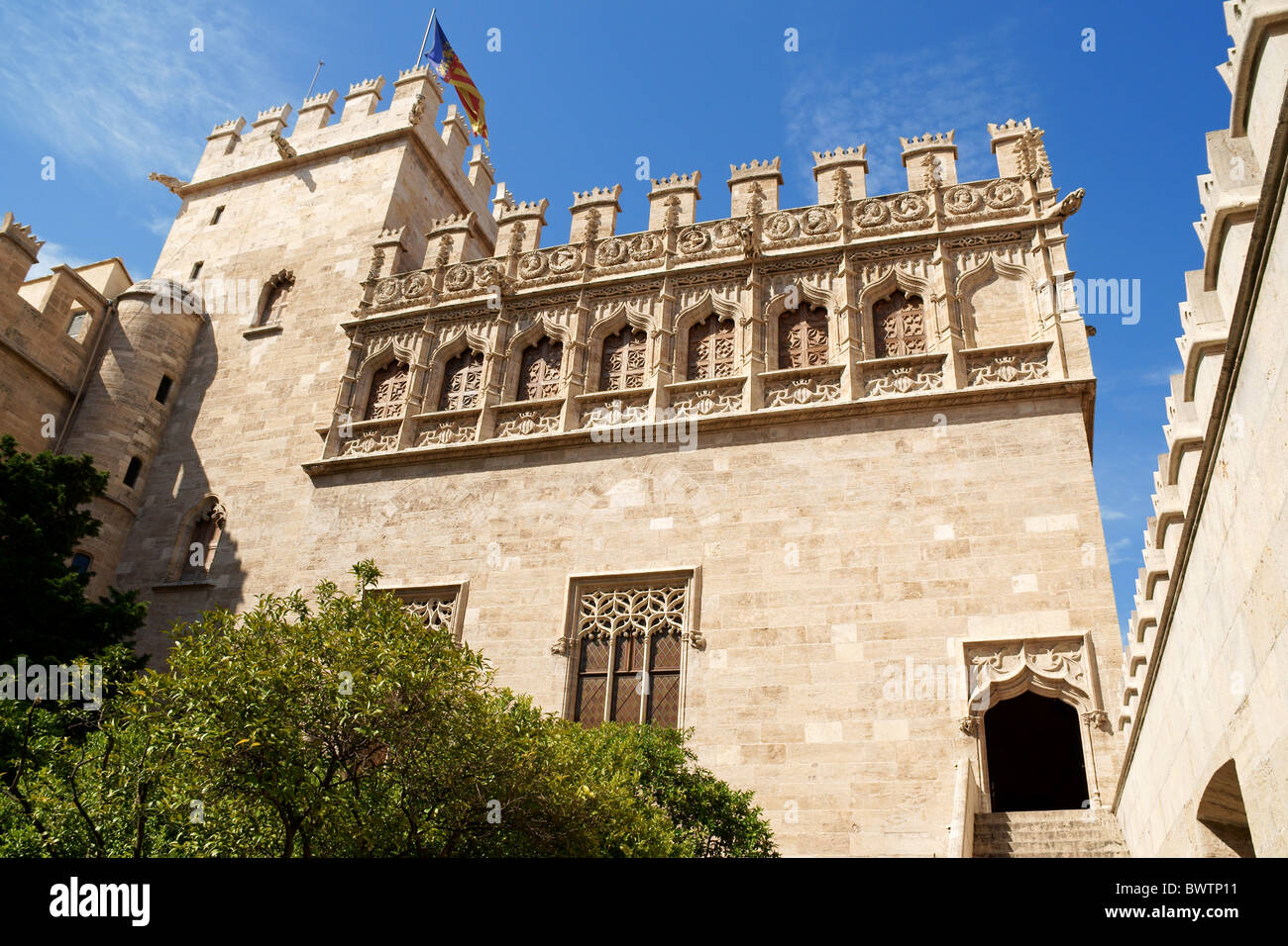 Lonja de la Seda of Valencia in Spain and the valencian flag Stock ...