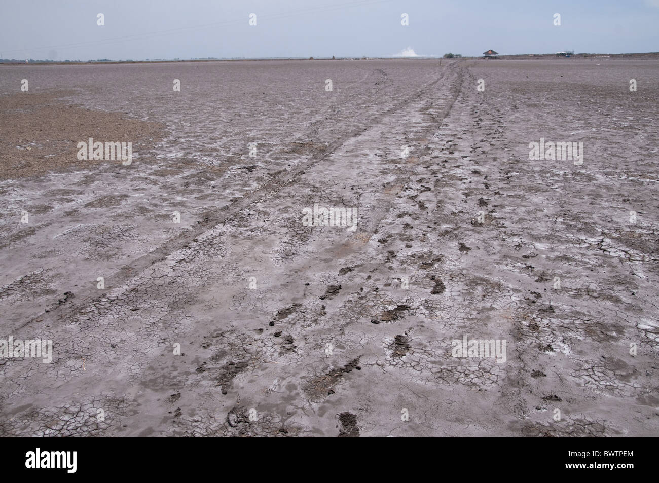 Footprints in dried mud lake of mud volcano, environmental disaster ...