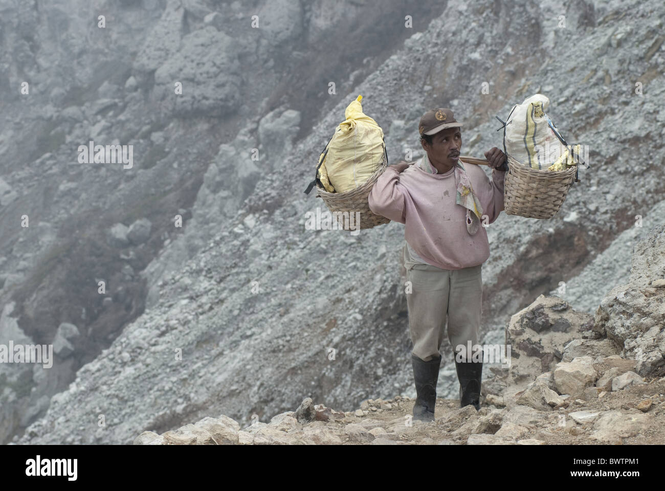 SSlope Sulphur Block Man Basket Local Mount Ijen Volcano Java Indonesia ...