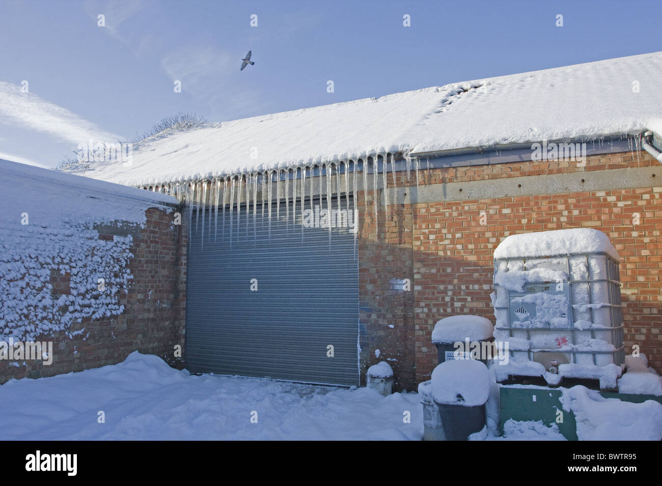 Icicles hanging from snow covered roof Norfolk Stock Photo - Alamy