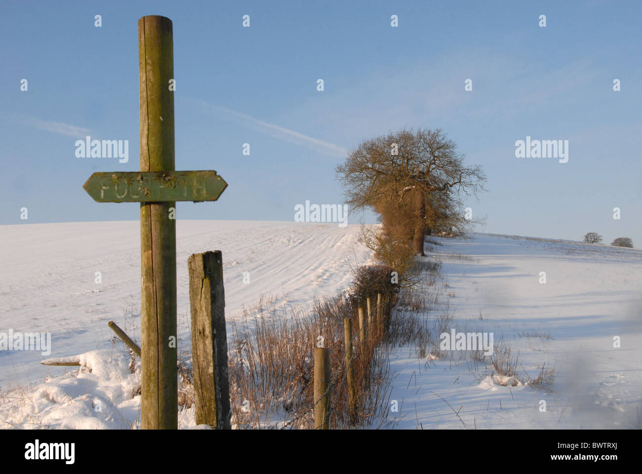 snow landscape fields chilterns hedge boundary footpath sign fence ...