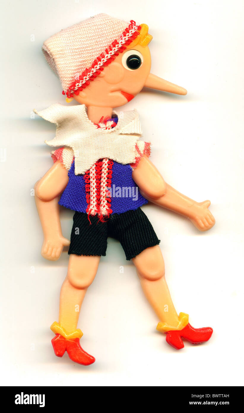 antique toy Pinocchio puppet with a long nose on a white background ...