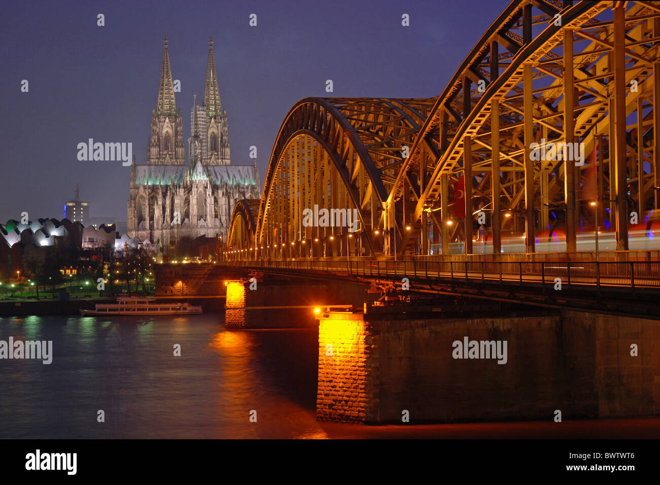 Cologne city Germany Europe Historic architectural monument lights ...