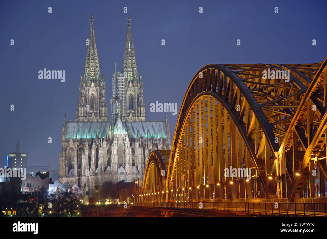 Cologne city Germany Europe Historic architectural monument lights ...