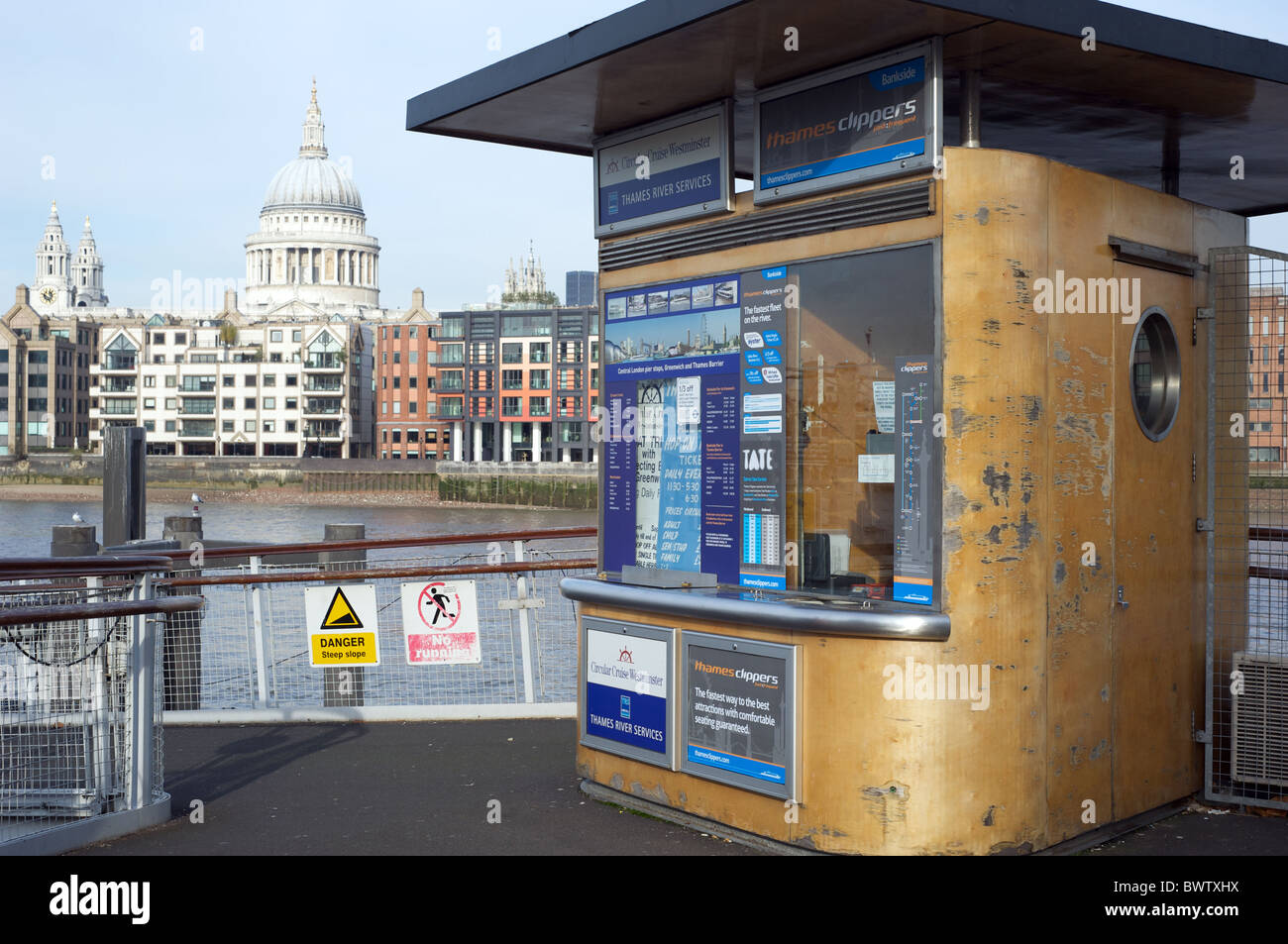 River boat ticket booth on the river Thames, opposite St Paul's ...
