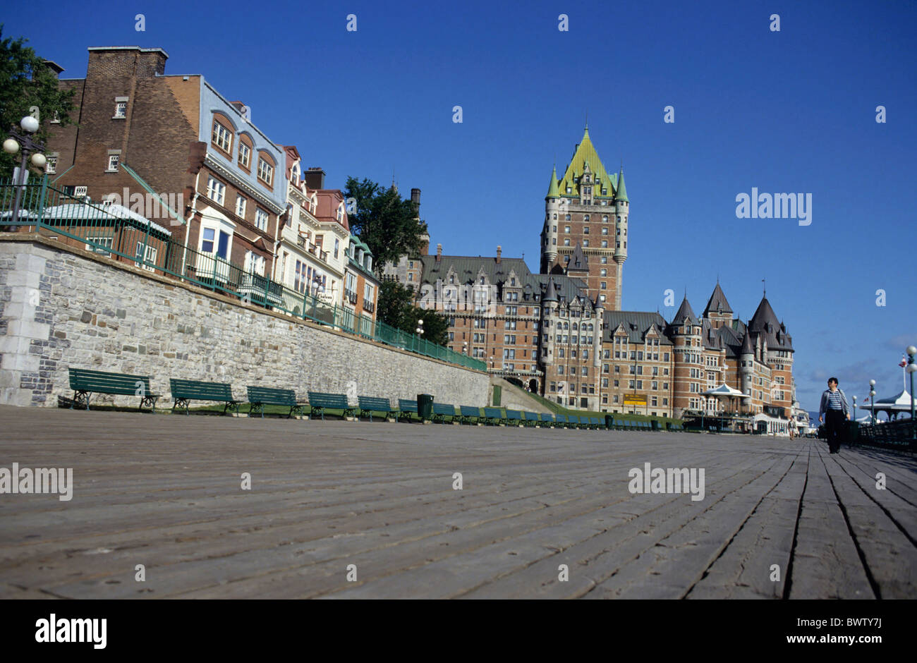 Rows of park benches outside the Château Frontenac, Quebec City, Quebec ...