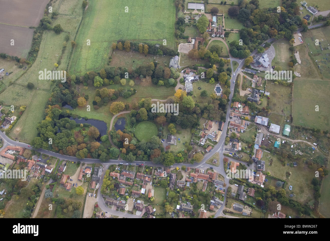 Aerial view village with houses gardens trees Stock Photo - Alamy