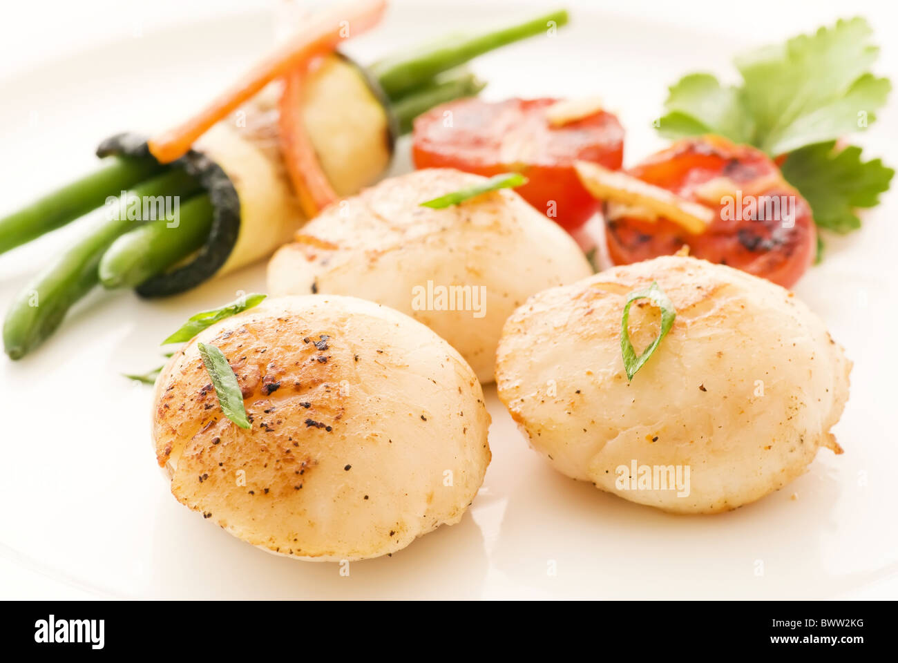Roasted scallop mussels with vegetable as closeup on white background ...