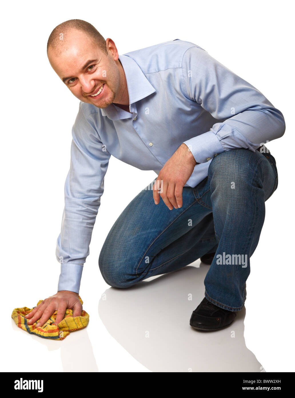 portrait of caucasian smiling cleaner on white background Stock Photo ...