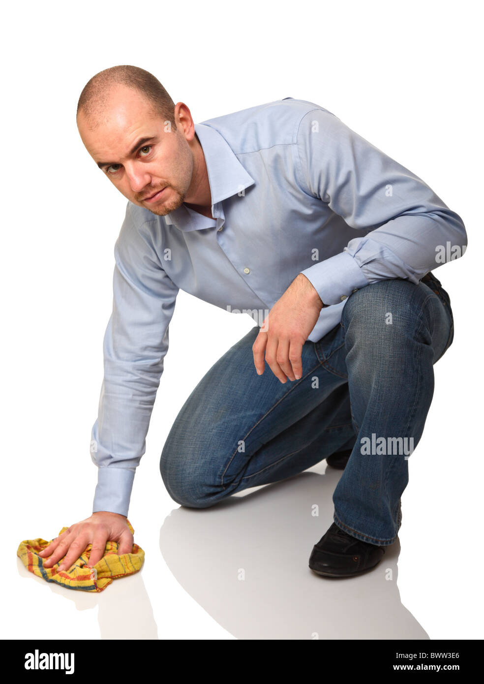 image of young cleaner on white background Stock Photo - Alamy