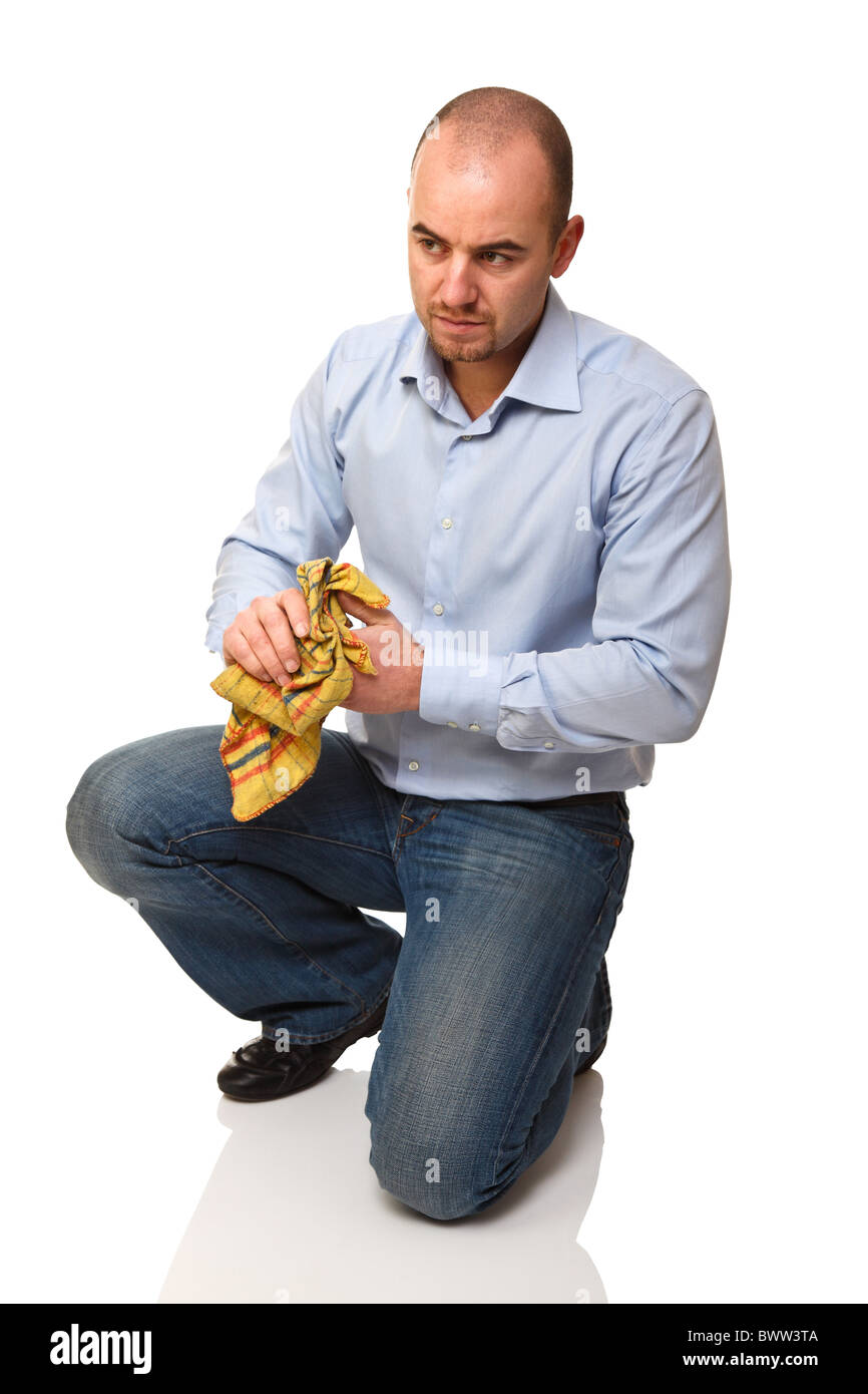 image of young cleaner take a rest on white background Stock Photo - Alamy