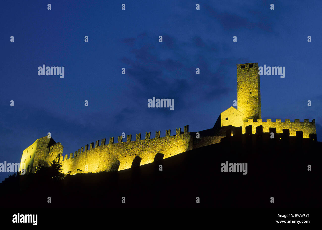 Switzerland Europe Canton Ticino Bellinzona Castel Grand castle dusk ...