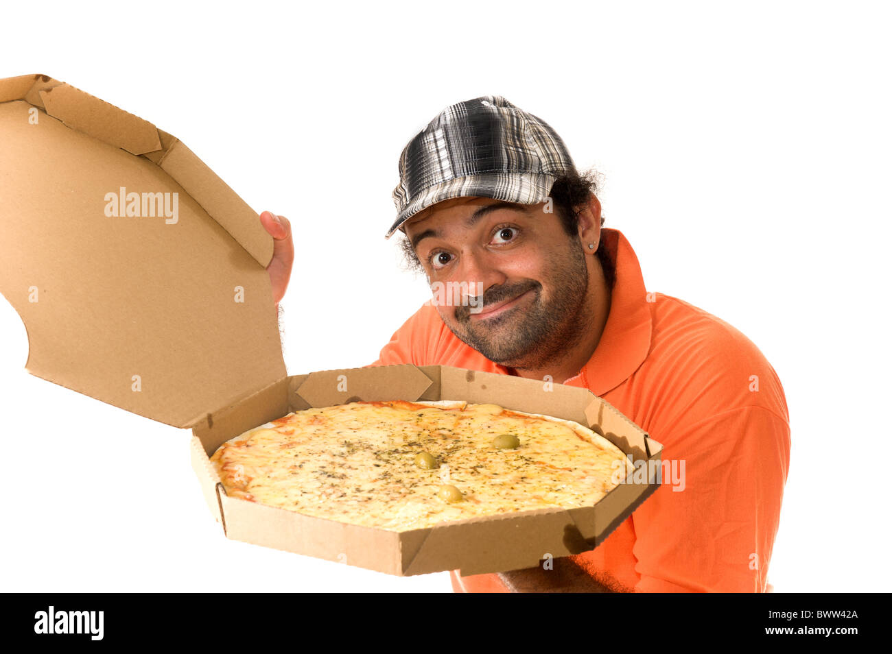 Man eating a pizza on white background Stock Photo - Alamy