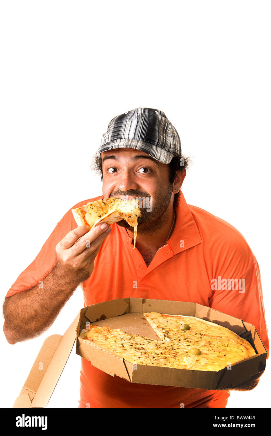 Man eating a pizza on white background Stock Photo - Alamy