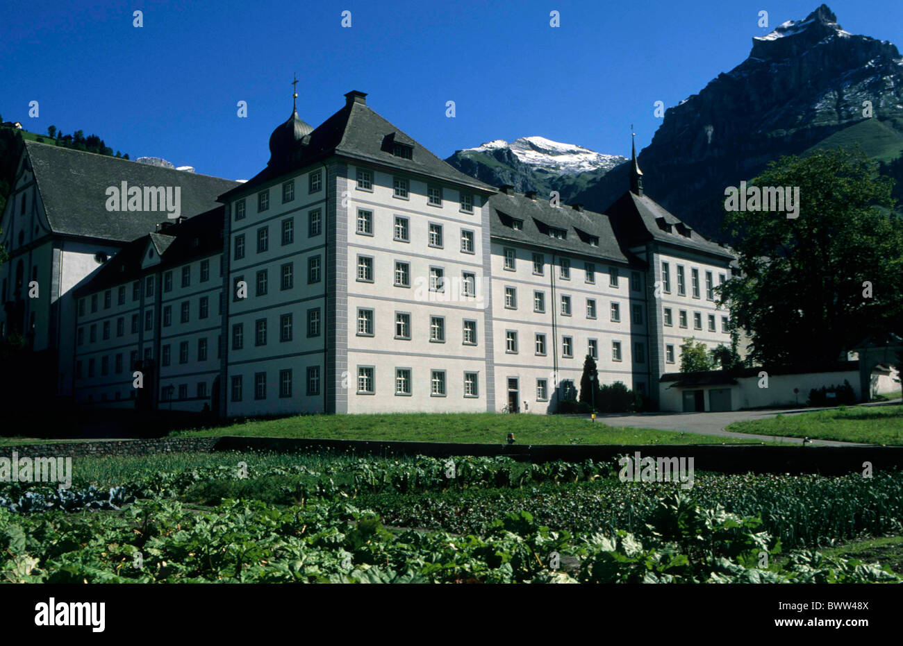 Switzerland Europe Engelberg Abbey monastery Canton Obwalden garden ...