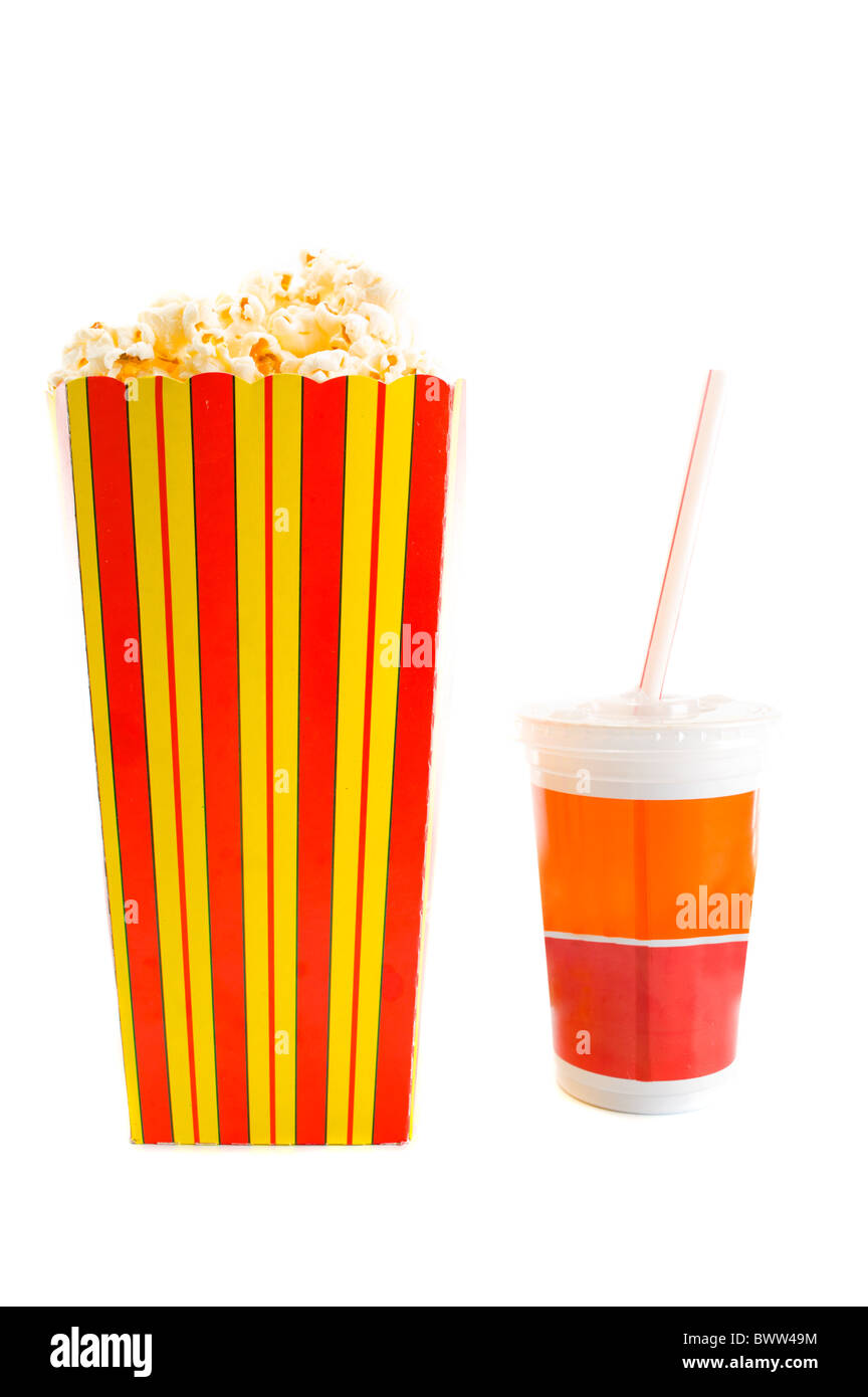 Popcorn and cold drink on white background Stock Photo - Alamy