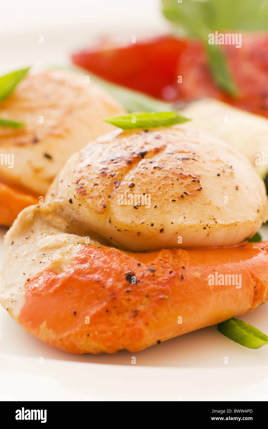 Roasted scallop mussels with vegetable as closeup on white plate Stock ...