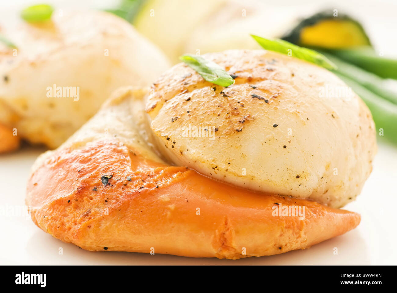 Roasted scallop mussels with vegetable as closeup on white plate Stock ...