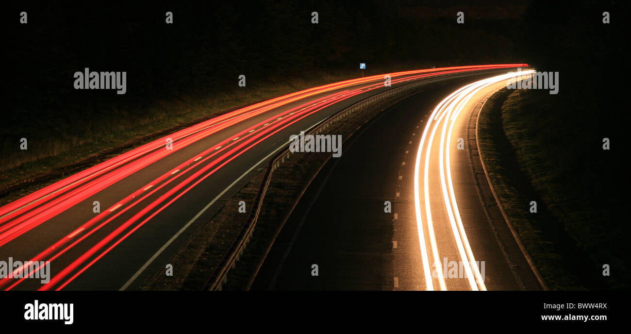Light Trails of moving traffic taken from above dual carriageway Stock ...