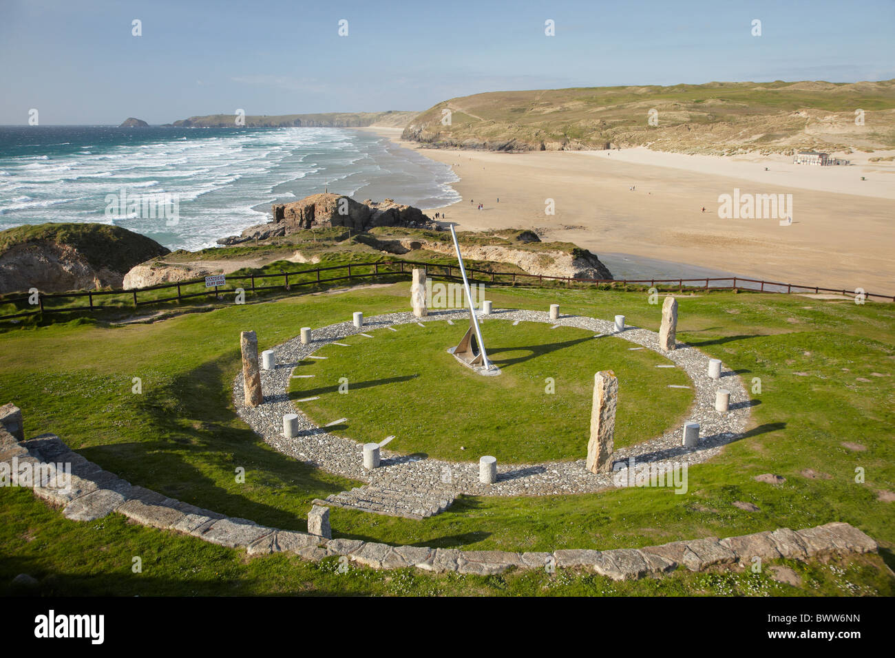 Sundial and Perran Beach, Perranporth, Cornwall, England, United ...