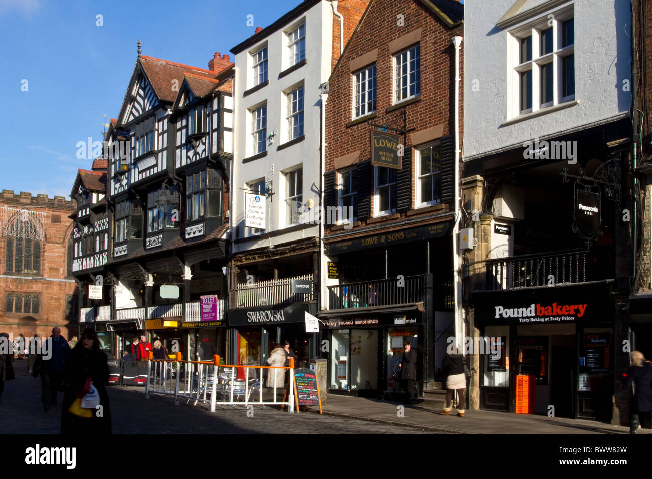 Chester walled cathedral city centre; The Rows pedestrianised streets ...