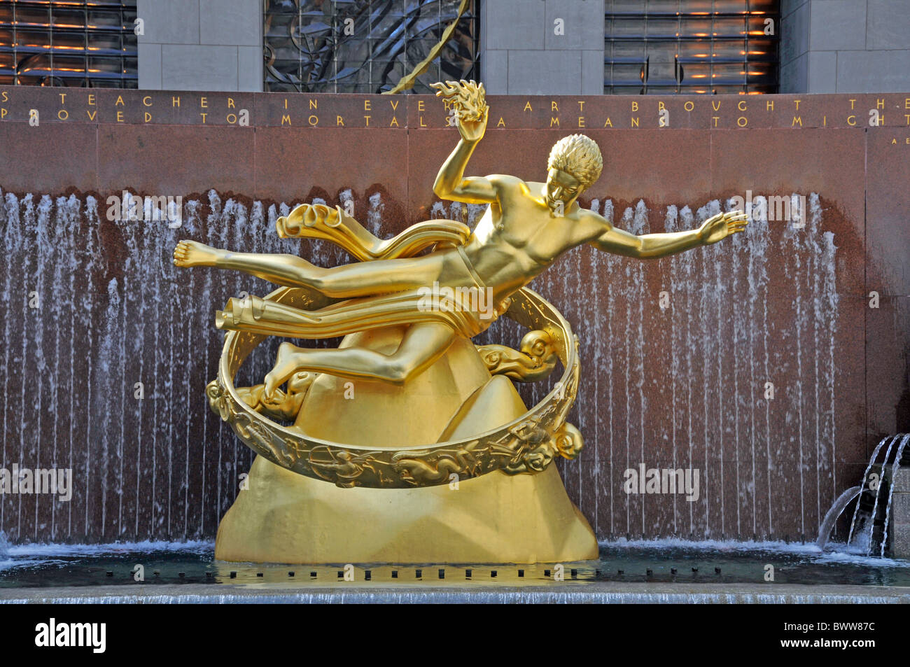 Golden statue of prometheus by paul manship hi-res stock photography ...