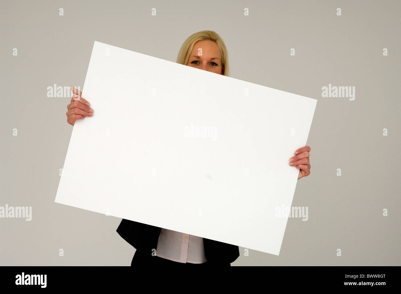 Cardboard blond woman news message advertisment statement blank board ...