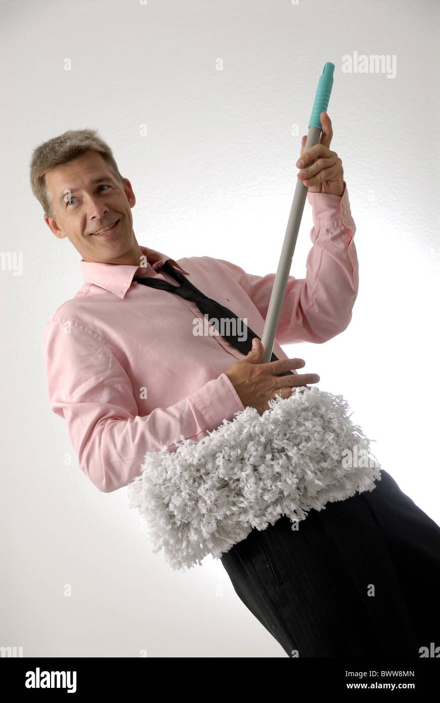 clean man dust whisks household budget clean businessman housework ...