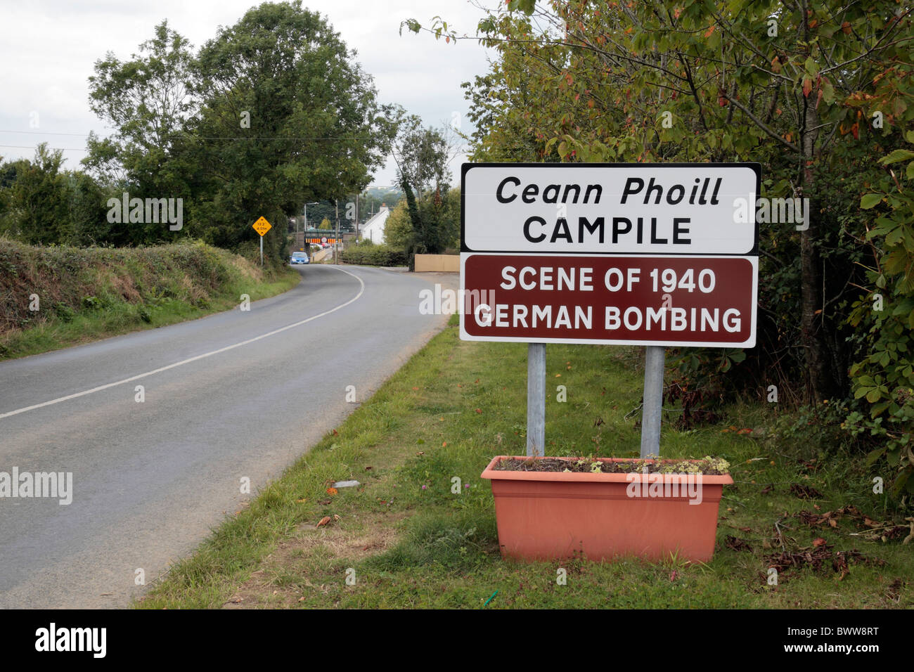 Road sign entering the Irish village of Campile (site of German bombing ...