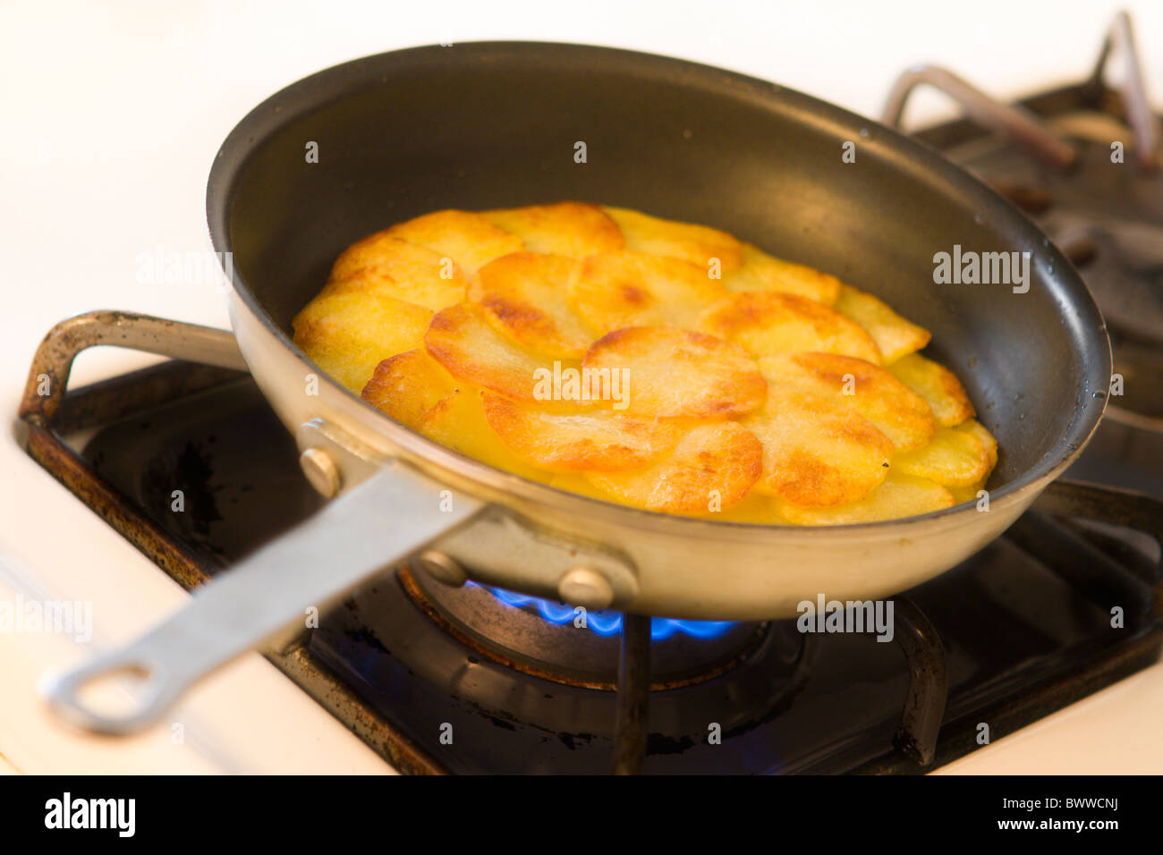 The various steps of preparing potatoes Anna using a brushed aluminum ...