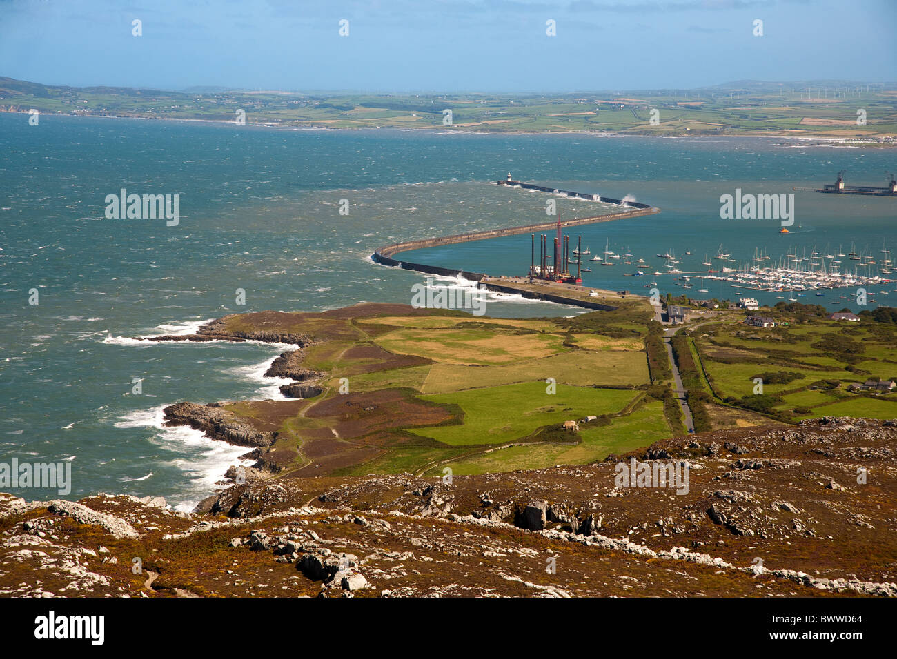 Holyhead Harbour from Holyhead Mountain, showing yachts in the marina ...