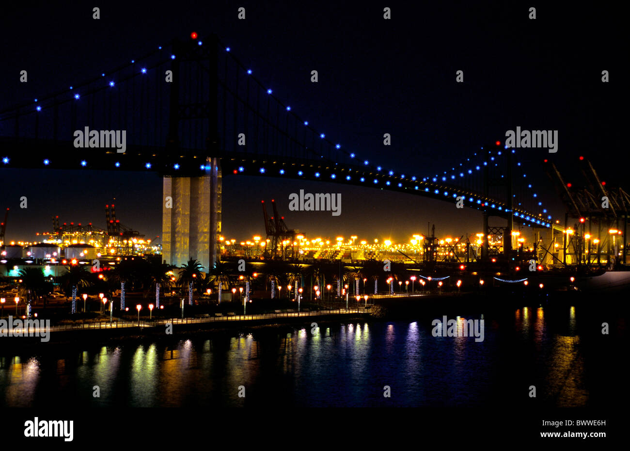 Lighted bridge at night Stock Photo - Alamy