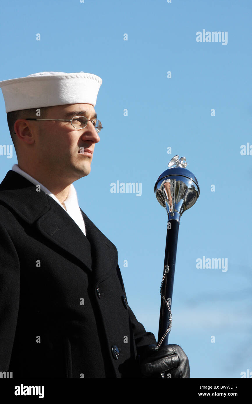 A United States Navy band soldier marching in the Milwaukee Veterans ...