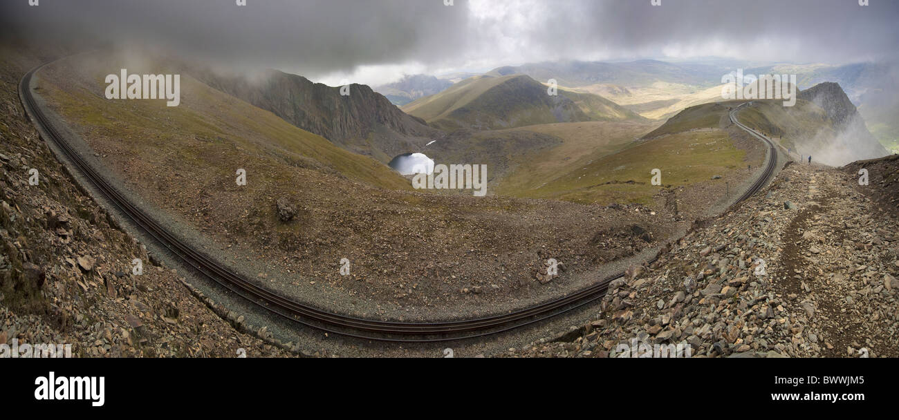 Panorama of Snowdon Mountain Railway track curving round ascent to ...