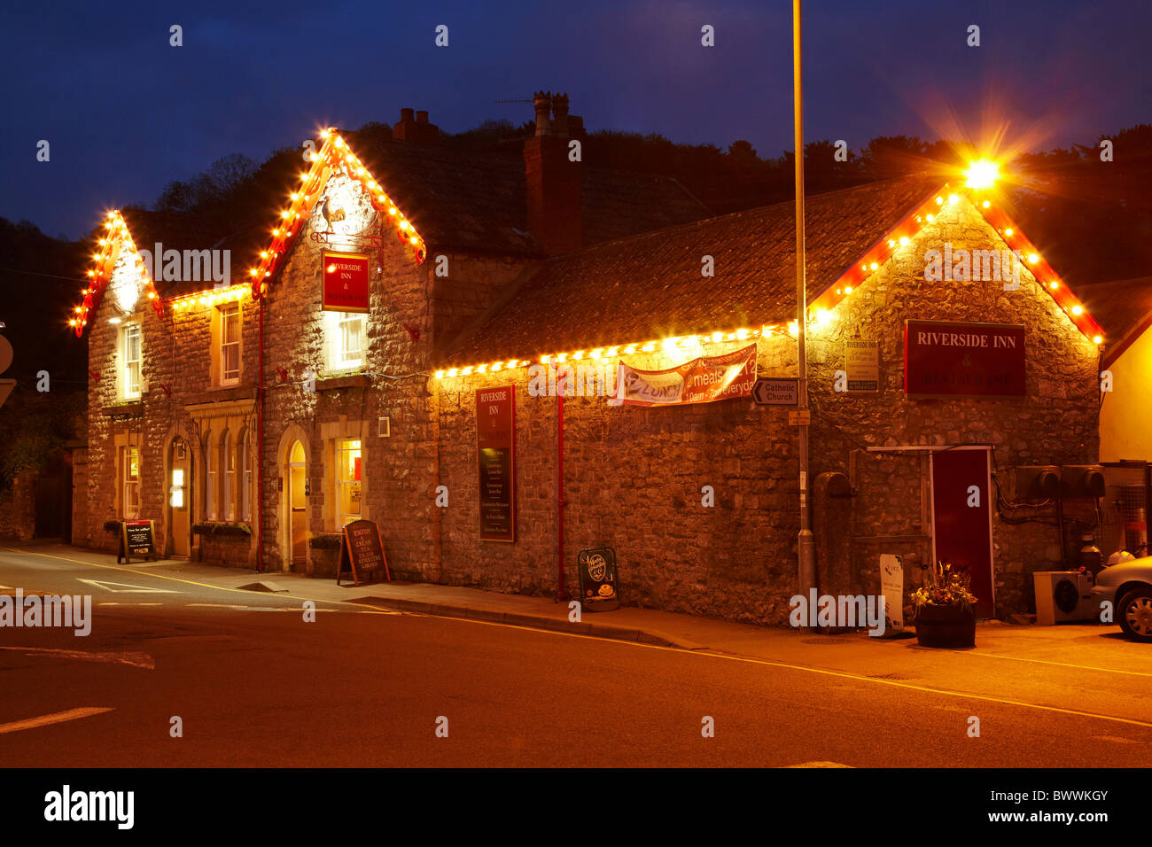 Riverside Inn at dusk, Cheddar Village, Somerset, England, United ...